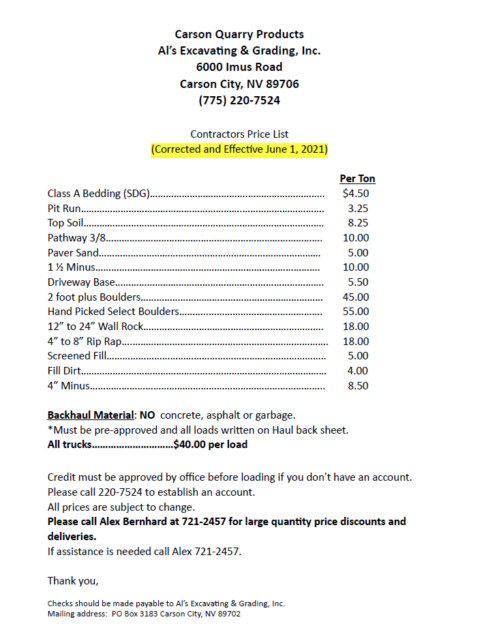 Quarry Pricing - Al's Excavating and Grading